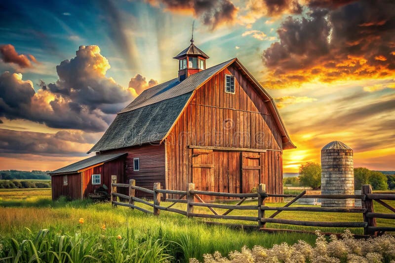 Rustic Red Barn at Sunset with Silo Stock Illustration - Illustration ...