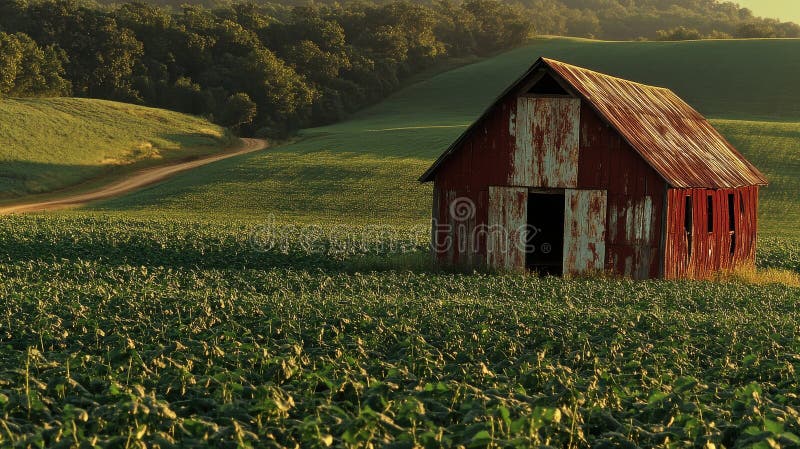 Rustic Red Barn in Vast Green Field Surrounded by Rolling Hills at ...