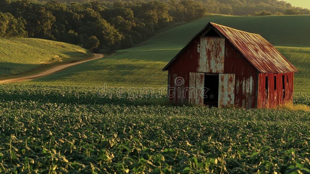 Rustic Red Barn in Vast Green Field Surrounded by Rolling Hills at ...