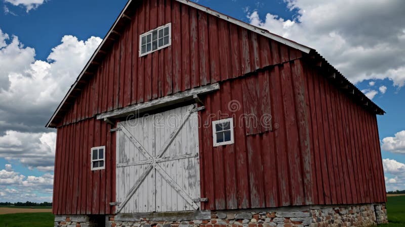 Rustic Red Barn with White Doors Under a Cloudy Blue Sky, Rural ...