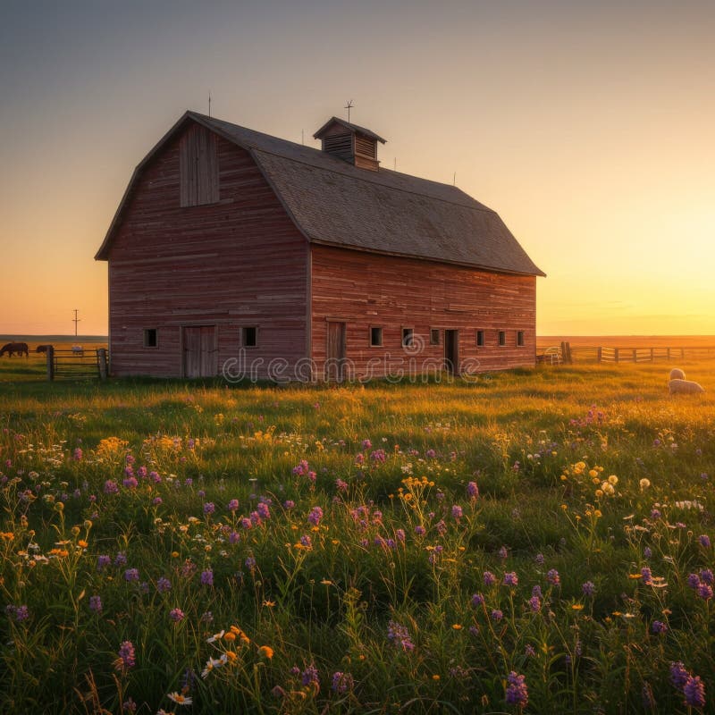 Rustic Red Barn in Wildflower Field at Sunset Stock Illustration ...