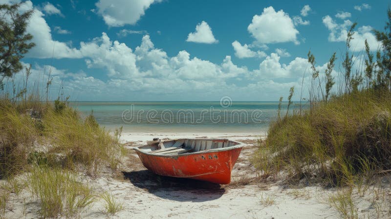 Rustic Red Boat on Sandy Tropical Beach Stock Illustration ...
