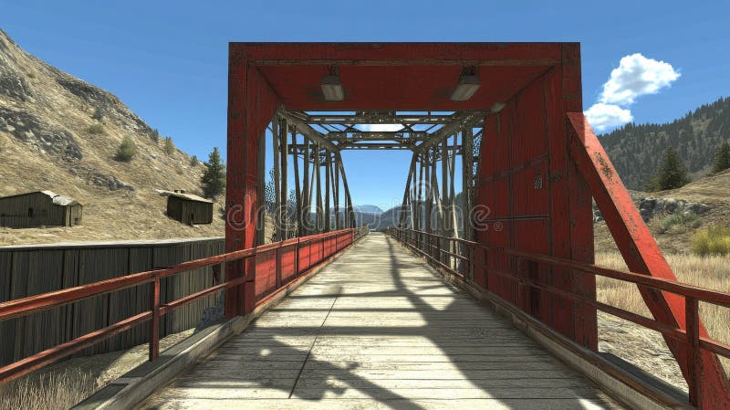Rustic Red Bridge Spanning Mountain Valley Stock Illustration ...