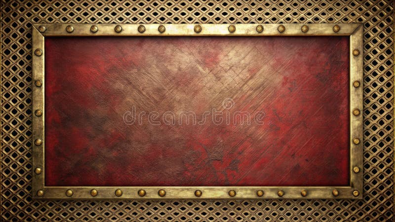 Rustic Red and Gold Metal Panel with Ornate Frame and Decorative Grid ...