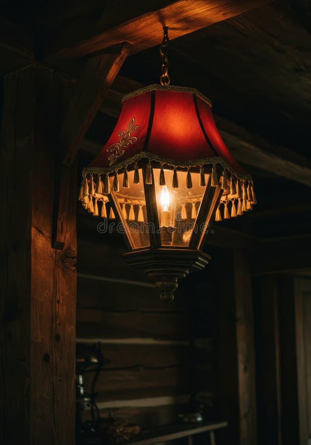 Rustic Red Lantern Hanging in Wooden Cabin Interior Stock Photo - Image ...