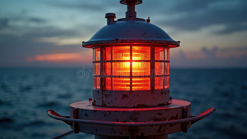 Rustic Red Lantern Illuminating at Dusk by the Ocean Stock Photo ...