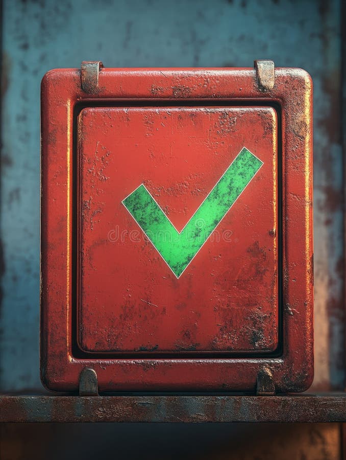 Rustic Red Metal Box with Green Checkmark Symbol. Stock Photo - Image ...