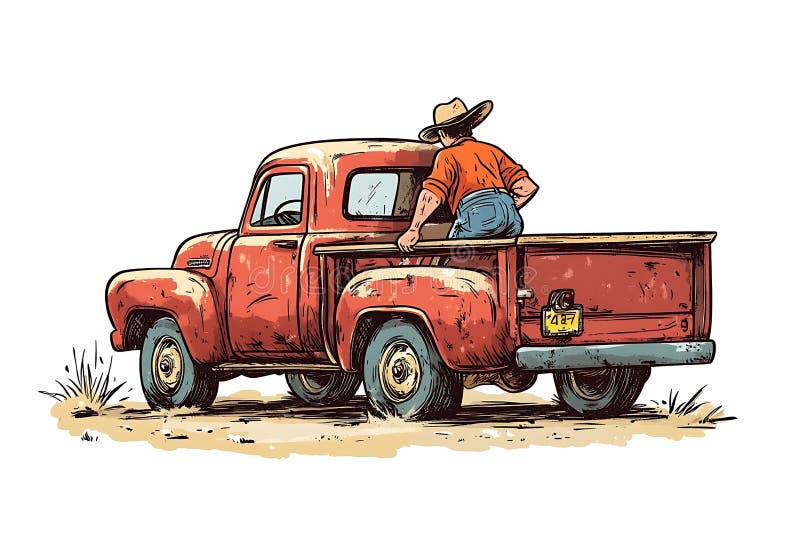 Rustic Red Pickup Truck with Farmer Stock Illustration - Illustration ...