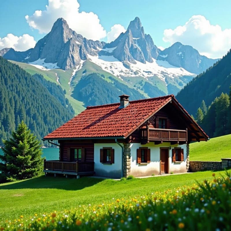 Rustic Red Roofed House, Isolated Italian Alps , Remote, Nature Stock ...