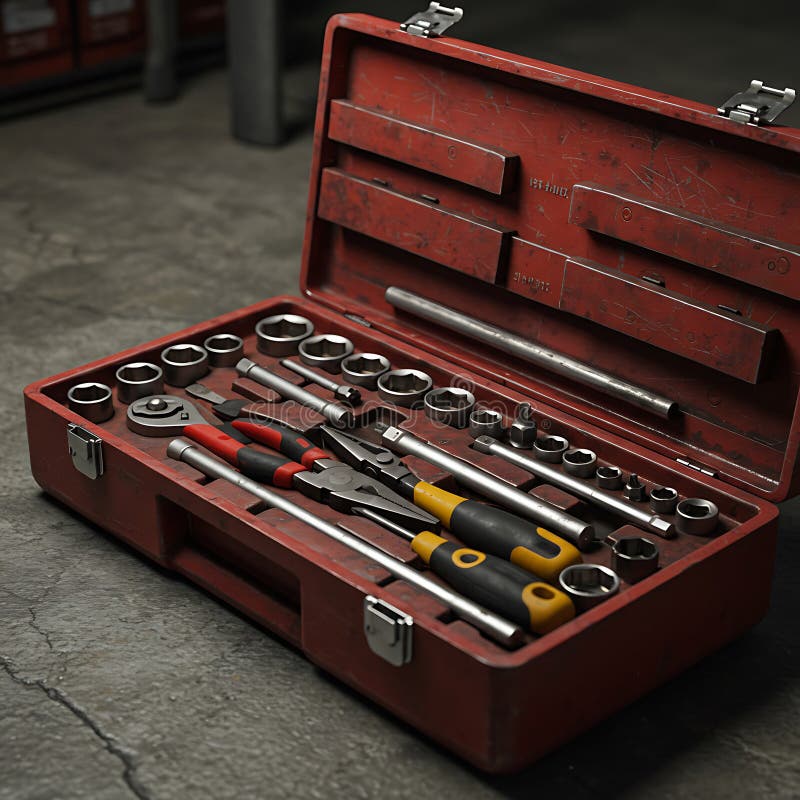 Rustic Red Tool Chest: a Well-Equipped Mechanic S Kit Stock Photo ...
