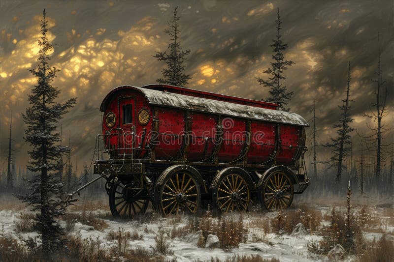 Rustic Red Train Carriage Rests in a Snow-covered Forest Under a ...