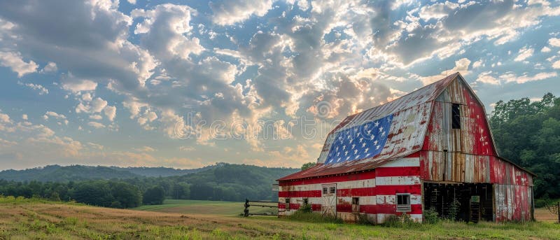 Rustic Red, White, and Blue Barn Under a Dramatic Sky Stock ...