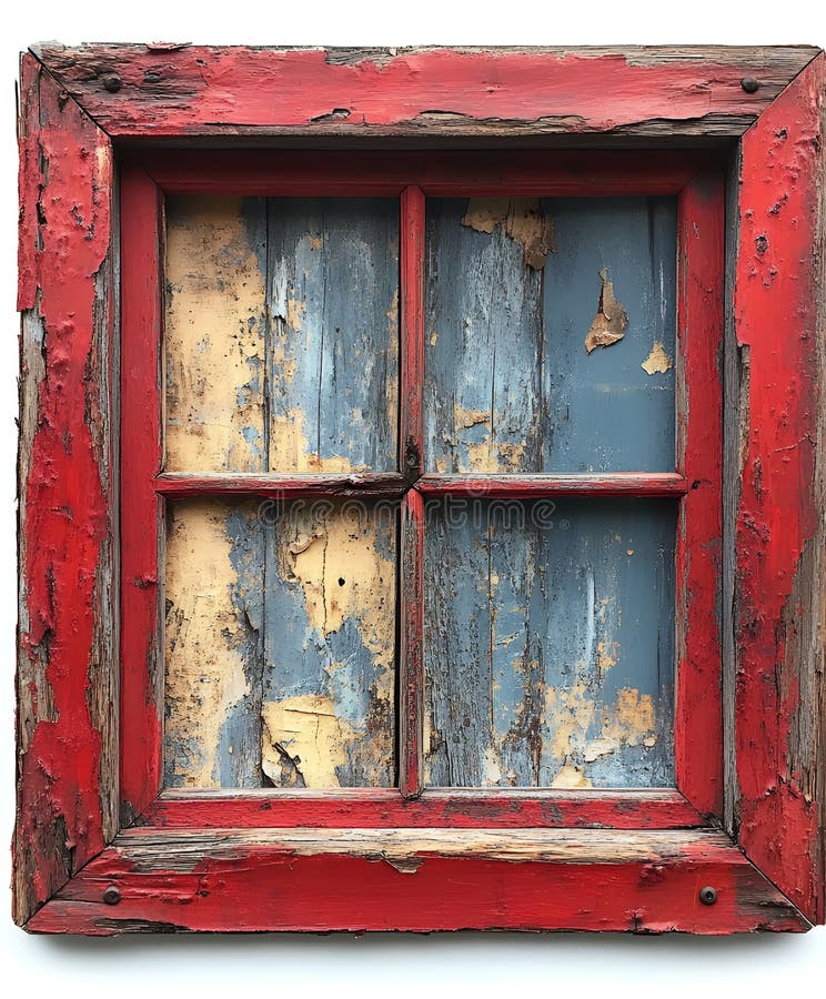 Rustic Red Wooden Window Frame with Peeling Paint and Weathered Gray ...