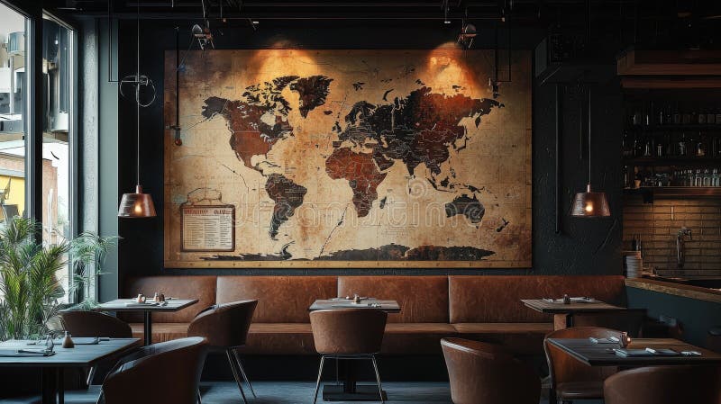 Rustic Restaurant with Antique World Map Mural Stock Photo - Image of ...