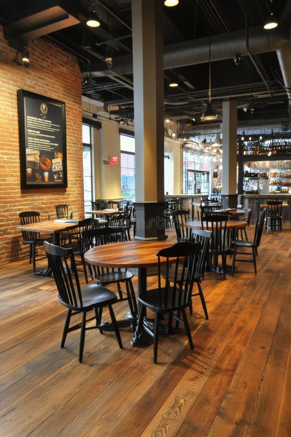 Rustic Restaurant Design with Wooden Tables and Seating Stock Photo ...