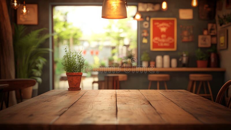 Rustic Restaurant Interior with Empty Wooden Table, Warm Lighting, and ...