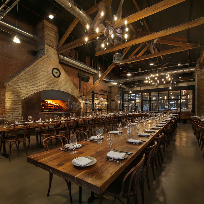 Rustic Restaurant Interior with Long Wooden Table and Exposed Brick ...