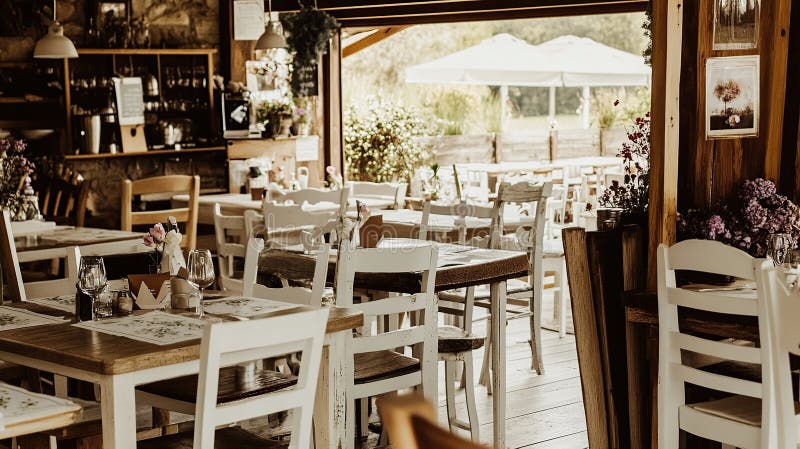 Rustic Restaurant Interior, Open Door, Garden View, Tables Set Stock ...