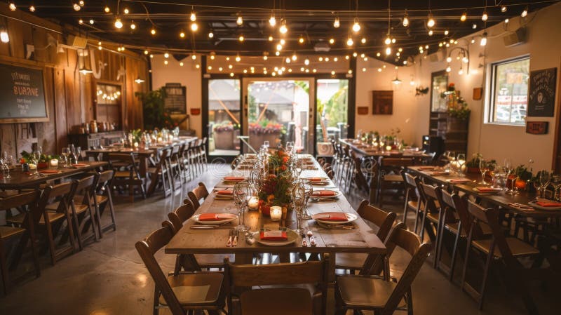 Rustic Restaurant Interior with String Lights Stock Image - Image of ...