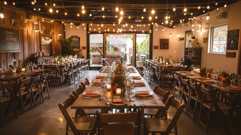 Rustic Restaurant Interior with String Lights Stock Image - Image of ...