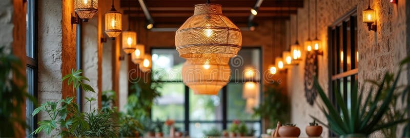 Rustic Restaurant Interior with Warm Lighting and Green Plants Stock ...