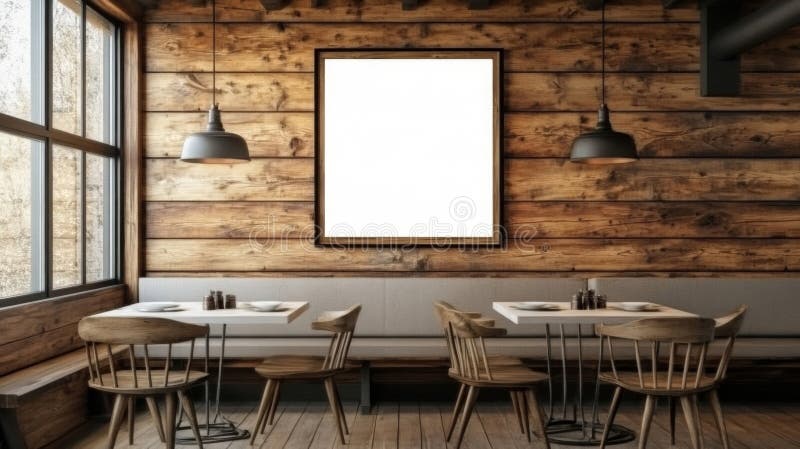 Rustic Restaurant Interior with Wooden Walls and Empty Frame Stock ...