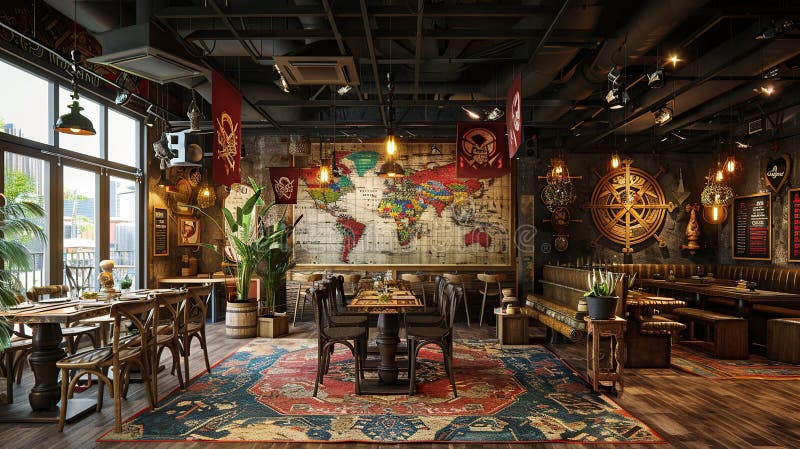 Rustic Restaurant Interior with World Map Stock Illustration ...