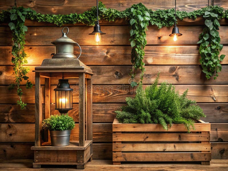 Rustic Restaurant Mockup Empty Wooden Wall with Lantern Crates for Menu ...