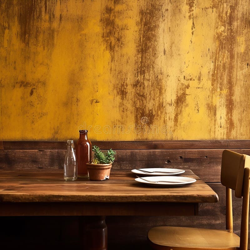 Rustic Restaurant Table Setting with Yellow Ruined Wall and Empty ...