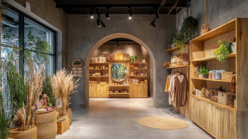 Rustic Retail Space Interior with Natural Wood and Plants Stock ...