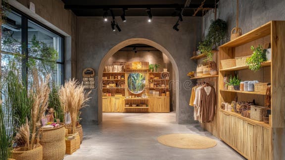 Rustic Retail Space Interior with Natural Wood and Plants Stock ...