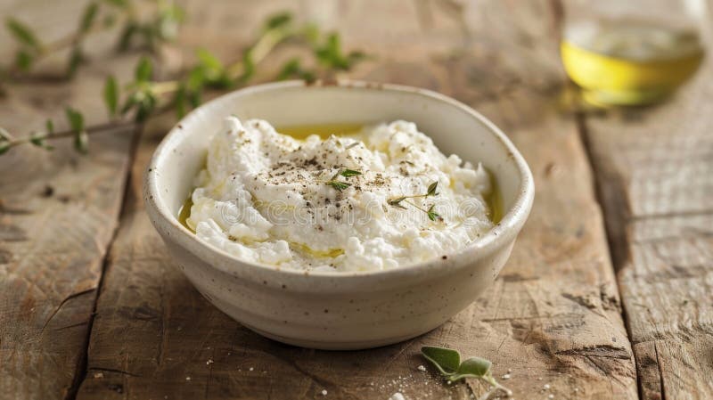 Rustic Ricotta Cheese in Ceramic Bowl on Wooden Table with Herbs ...