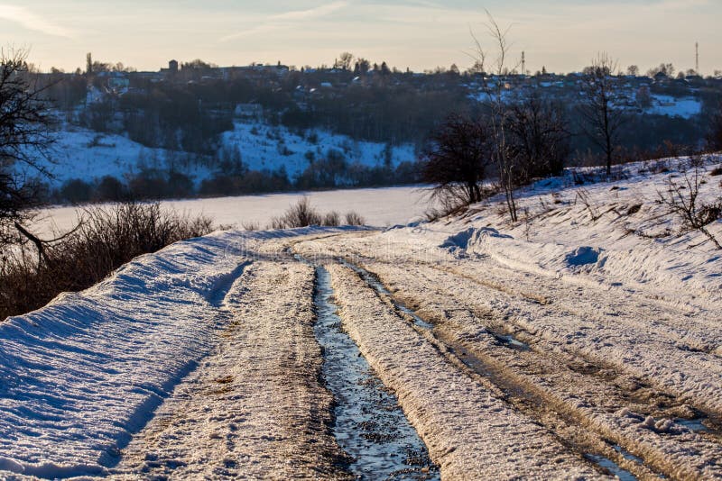 Rustic Road Track at Winter Thaw Daylight with Nobody and Selective ...