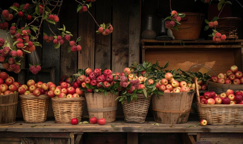 Rustic Roadside Stand with Baskets of Apples for Sale Stock Photo ...