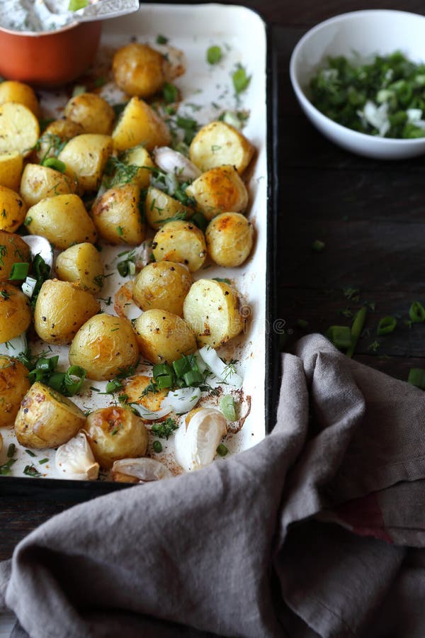 Rustic Roasted Potatoes on Baking Tray Stock Image - Image of dish ...