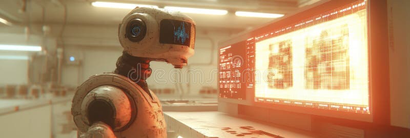 Rustic Robot Analyzing Data on Bright Orange Screen Stock Illustration ...