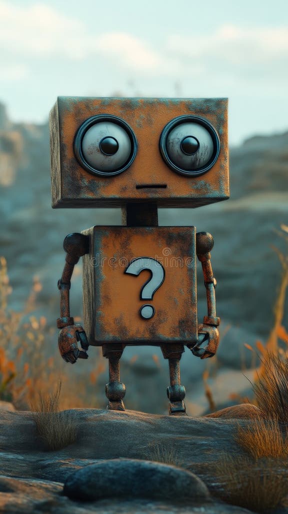 Rustic Robot with Question Mark in a Barren Landscape Stock Photo ...