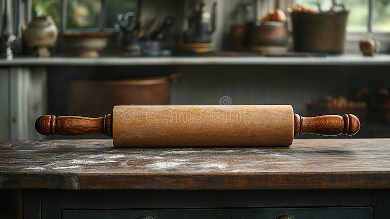 Rustic Rolling Pin on a Wooden Table in a Vintage Kitchen Stock ...