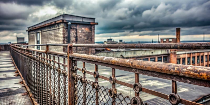Rustic Rooftop Railing with Aged Metalwork and Industrial Building ...