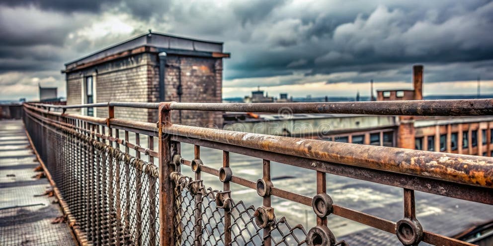 Rustic Rooftop Railing with Aged Metalwork and Industrial Building ...