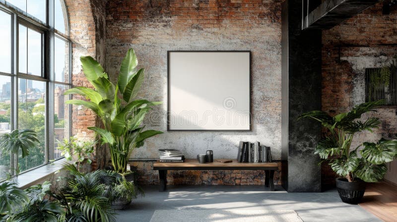 Rustic Room Design with an Empty Frame and a City View Stock Photo ...