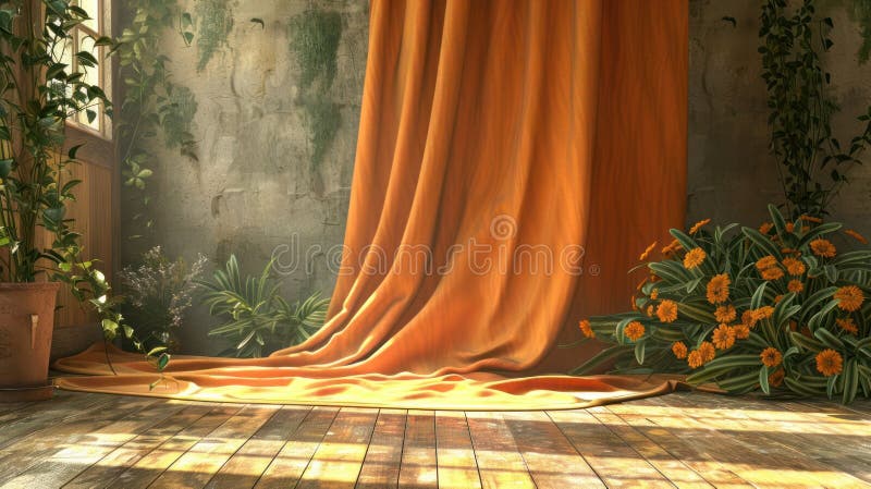 A Rustic Room with an Orange Curtain and Sunlight Streaming in ...