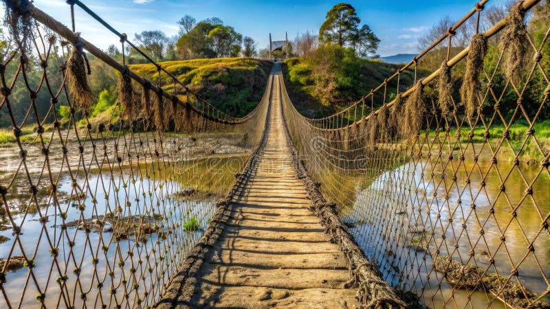 A Rustic Rope Bridge Spanning a Calm River, a Pathway Leading To a ...