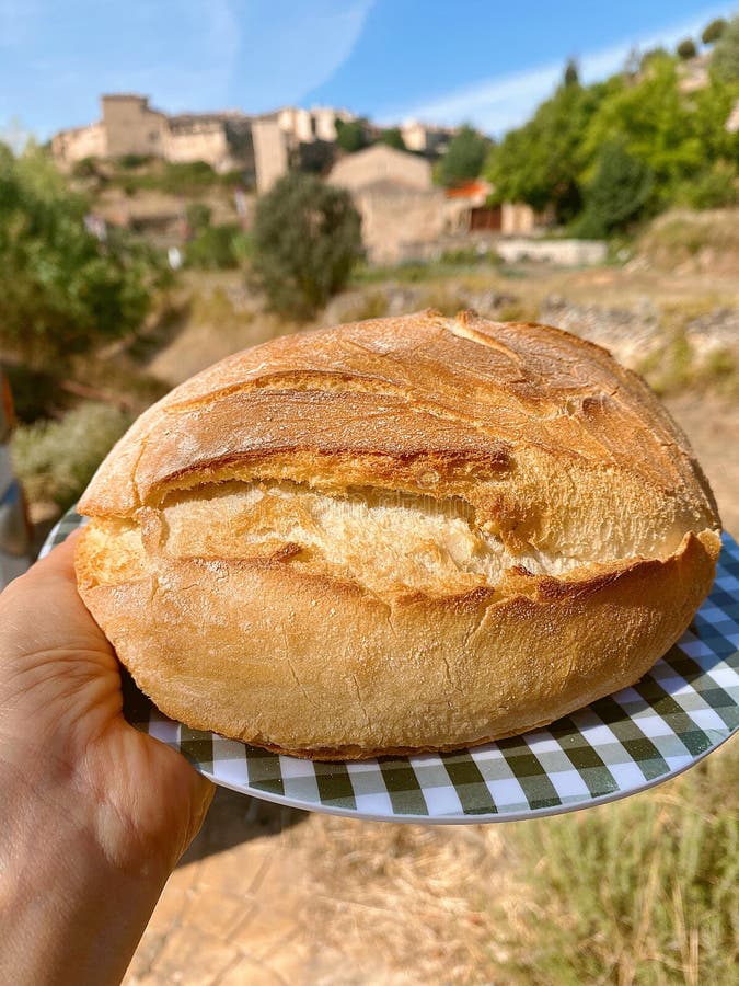 Rustic Round Bread with Pedraza in the Background Stock Image - Image ...