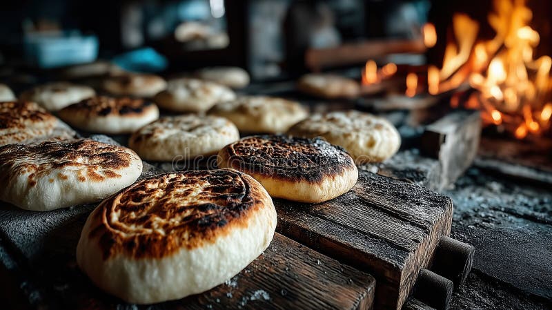 Rustic Round Breads Baking on Wooden Surface Stock Photo - Image of ...