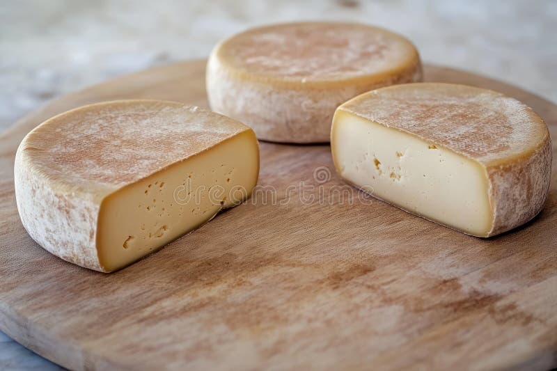 Rustic Round Cheese Wheels on Wooden Board Stock Illustration ...