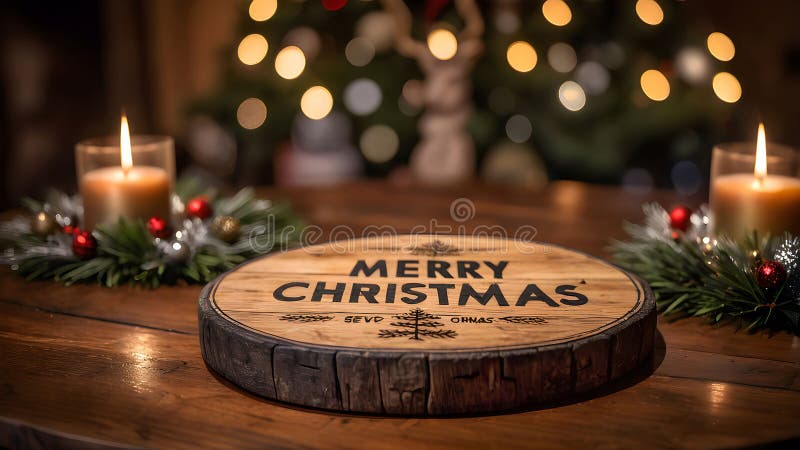 Rustic Round Decor Saying Merry Christmas in Festive Setting Stock ...