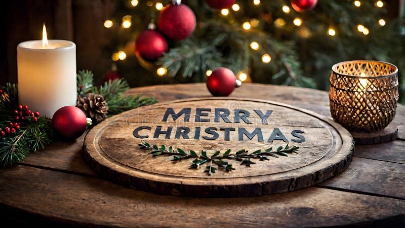 Rustic Round Decor Saying Merry Christmas in Festive Setting Stock ...