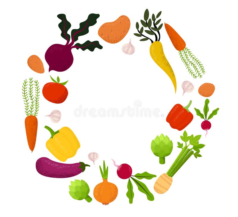 Rustic Round Frame Vegetables Template. Vintage Pattern. Vector Hand ...