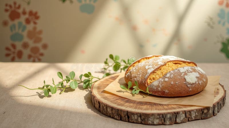 Rustic Round Loaf of Artisan Bread on Wooden Surface with Sunlight and ...